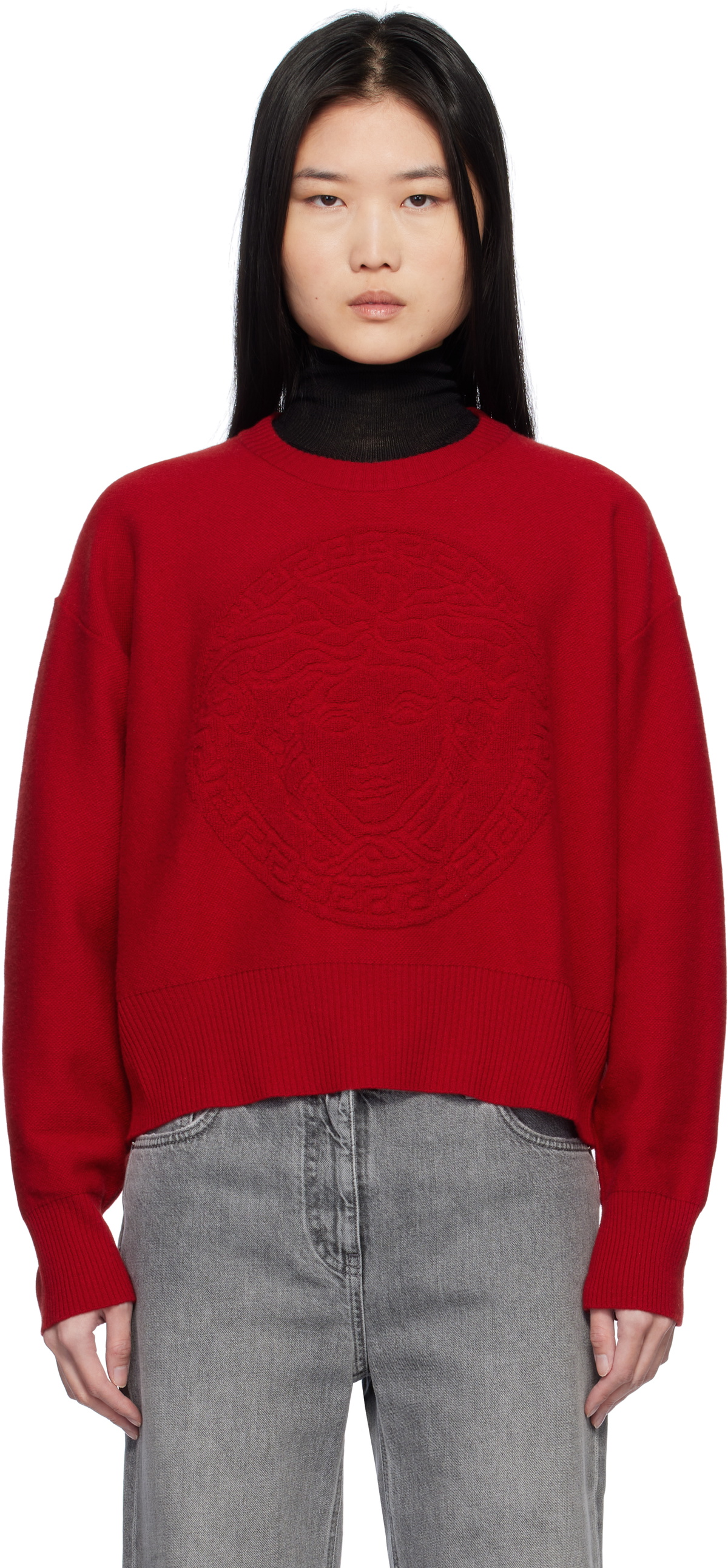 Versace Red Medusa Wool-Blend Knit Towel Sweater Versace