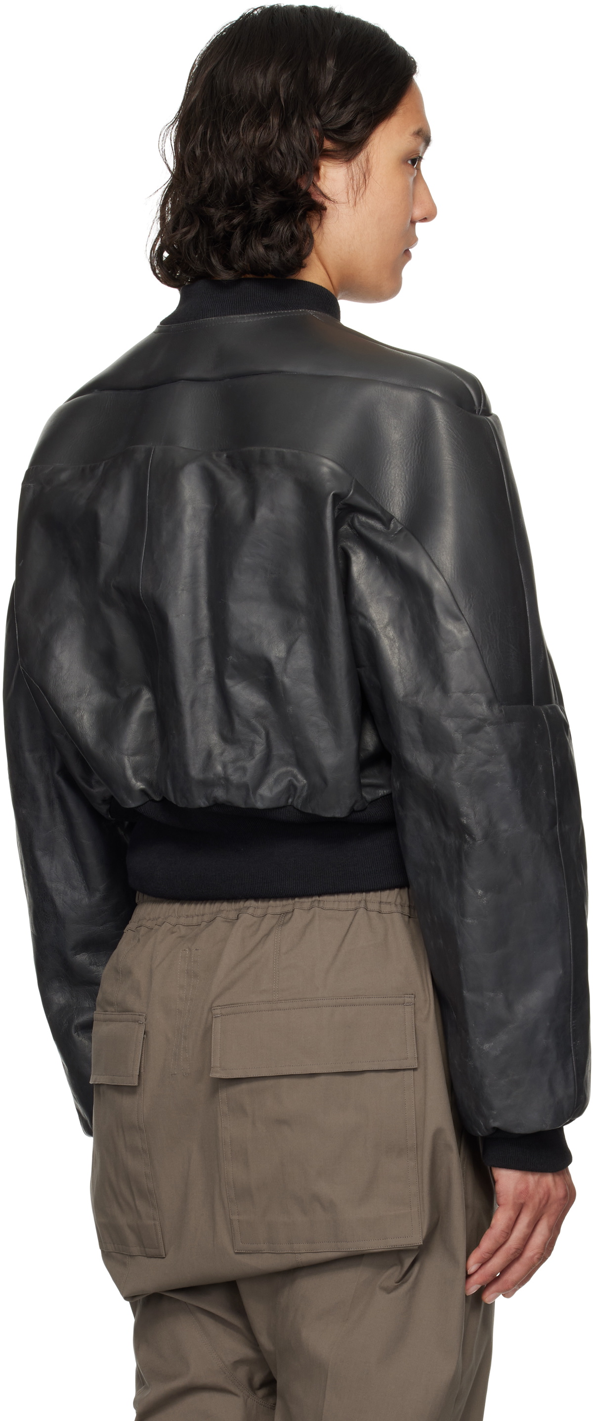 Rick Owens Black Hollywood Girdered Leather Bomber Jacket Rick Owens
