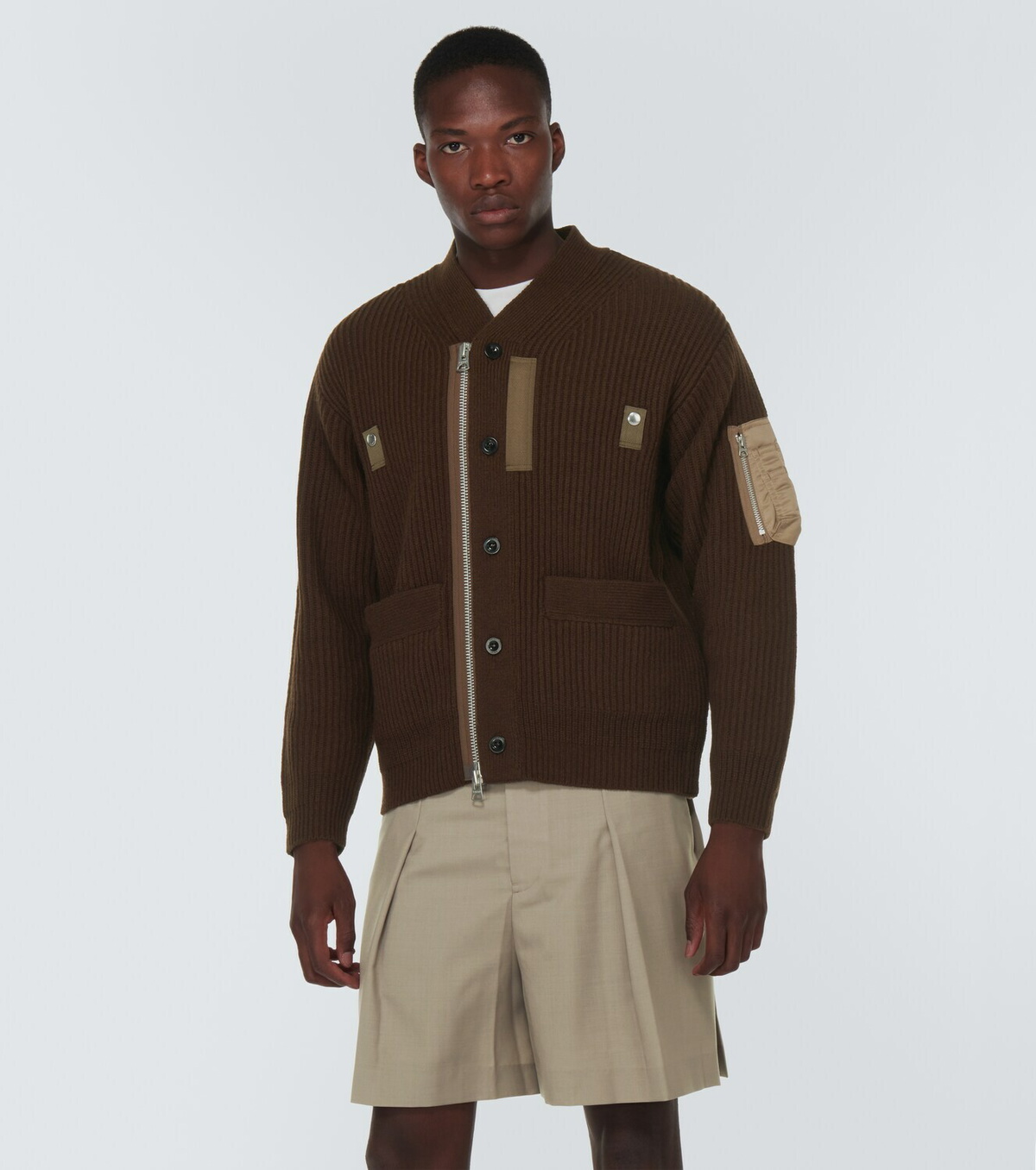 Sacai Ribbed-knit wool and twill cardigan Sacai