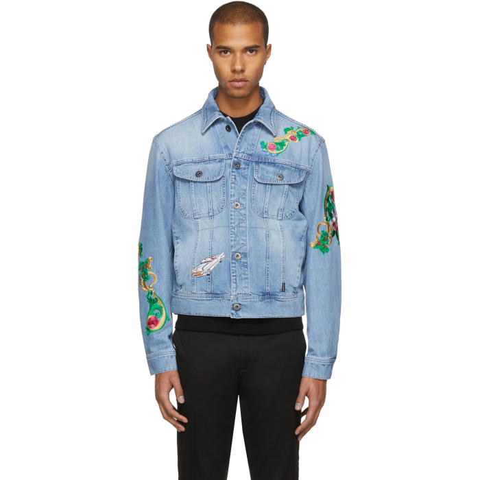 Versace Blue Embroidered Denim Jacket Versace