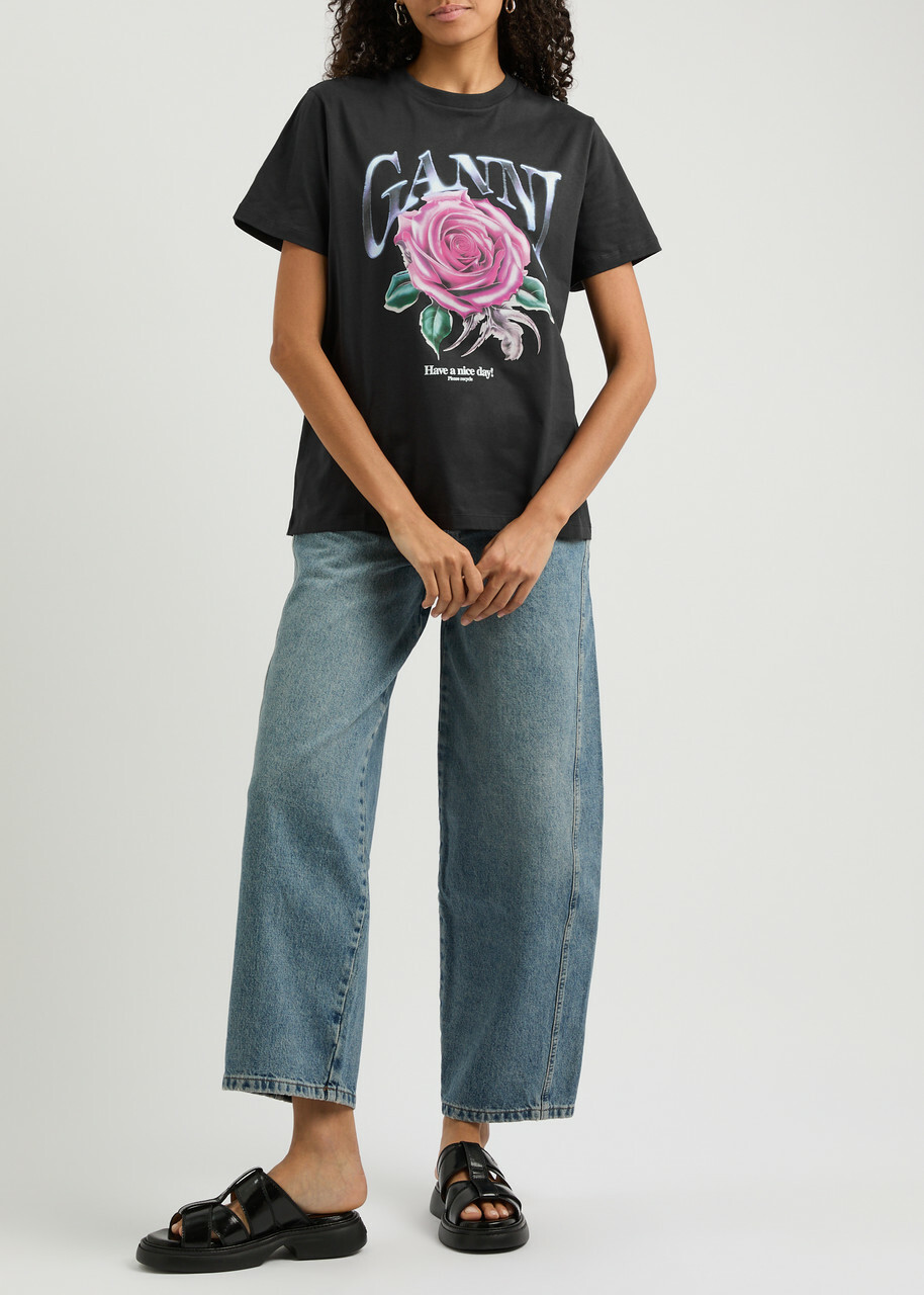Ganni Logo Printed Cotton T-shirt Dark Grey GANNI