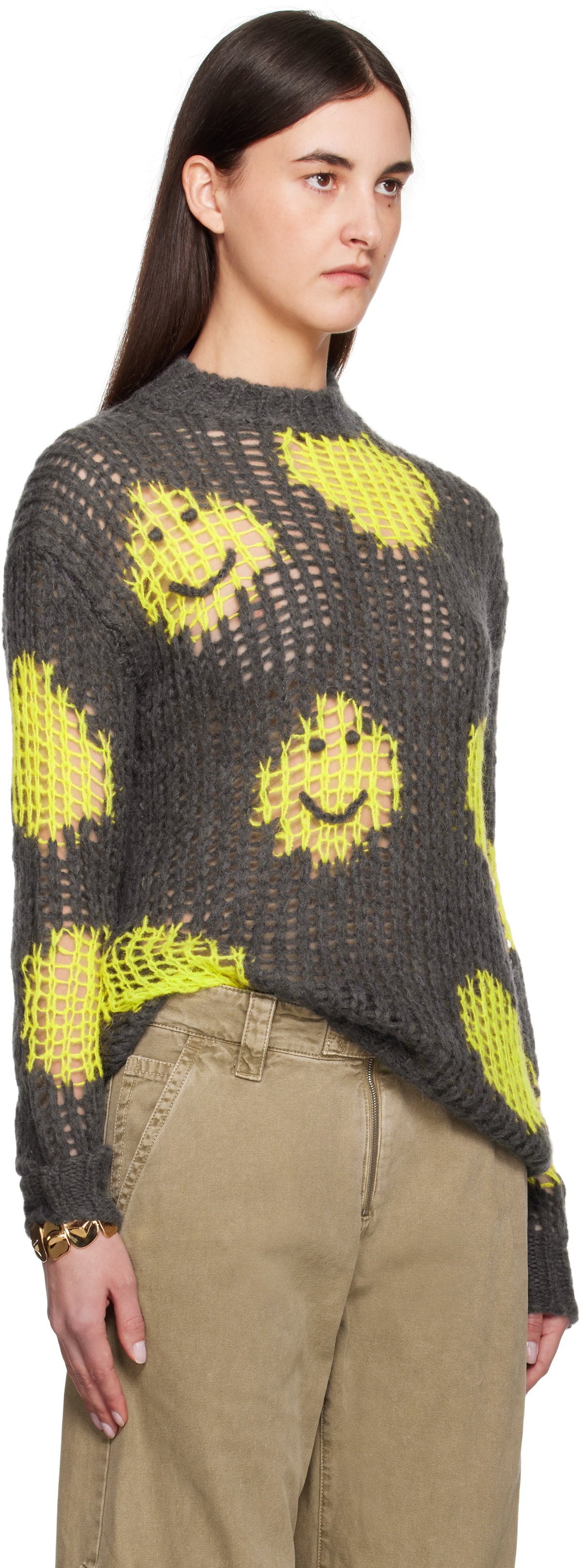 Acne Studios Gray & Yellow Embroidered Mohair Sweater Acne Studios