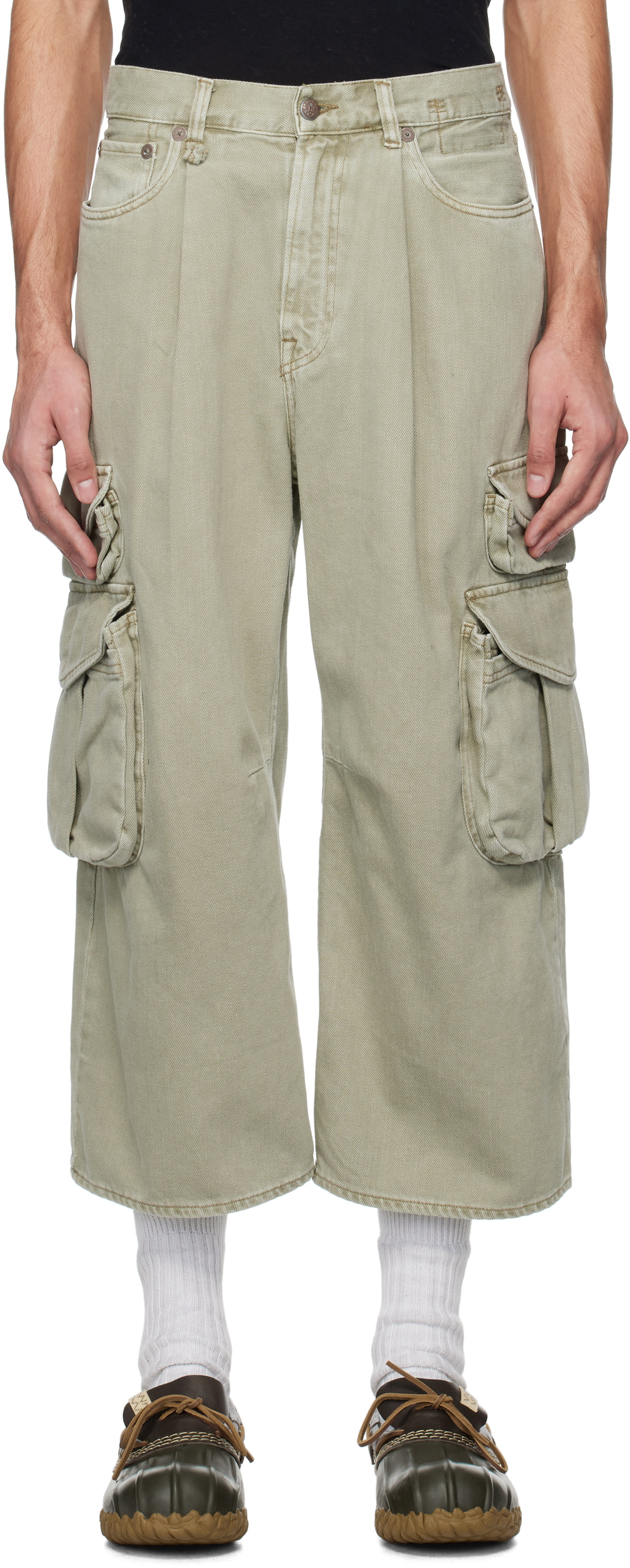 R13 Green Cropped Multi Pocket Denim Cargo Pants R13