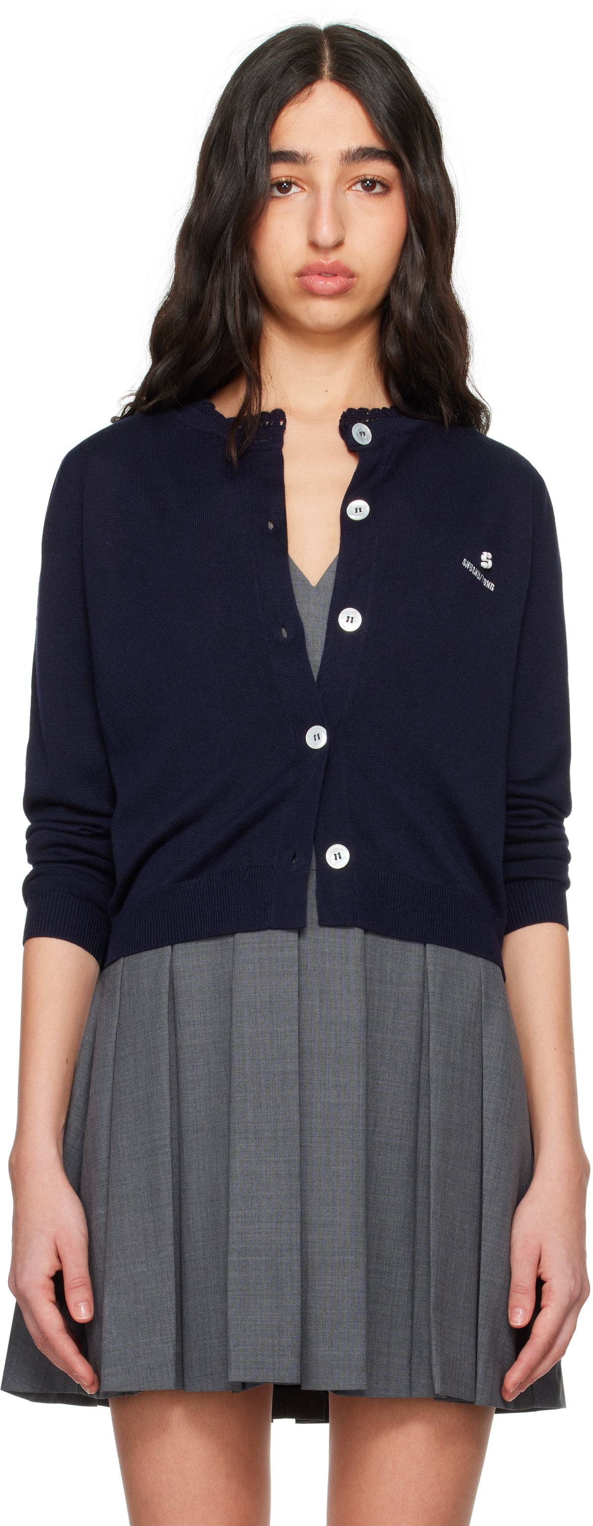 SHUSHU/TONG Navy Logo-Stitch Knit Cardigan Shushu/Tong