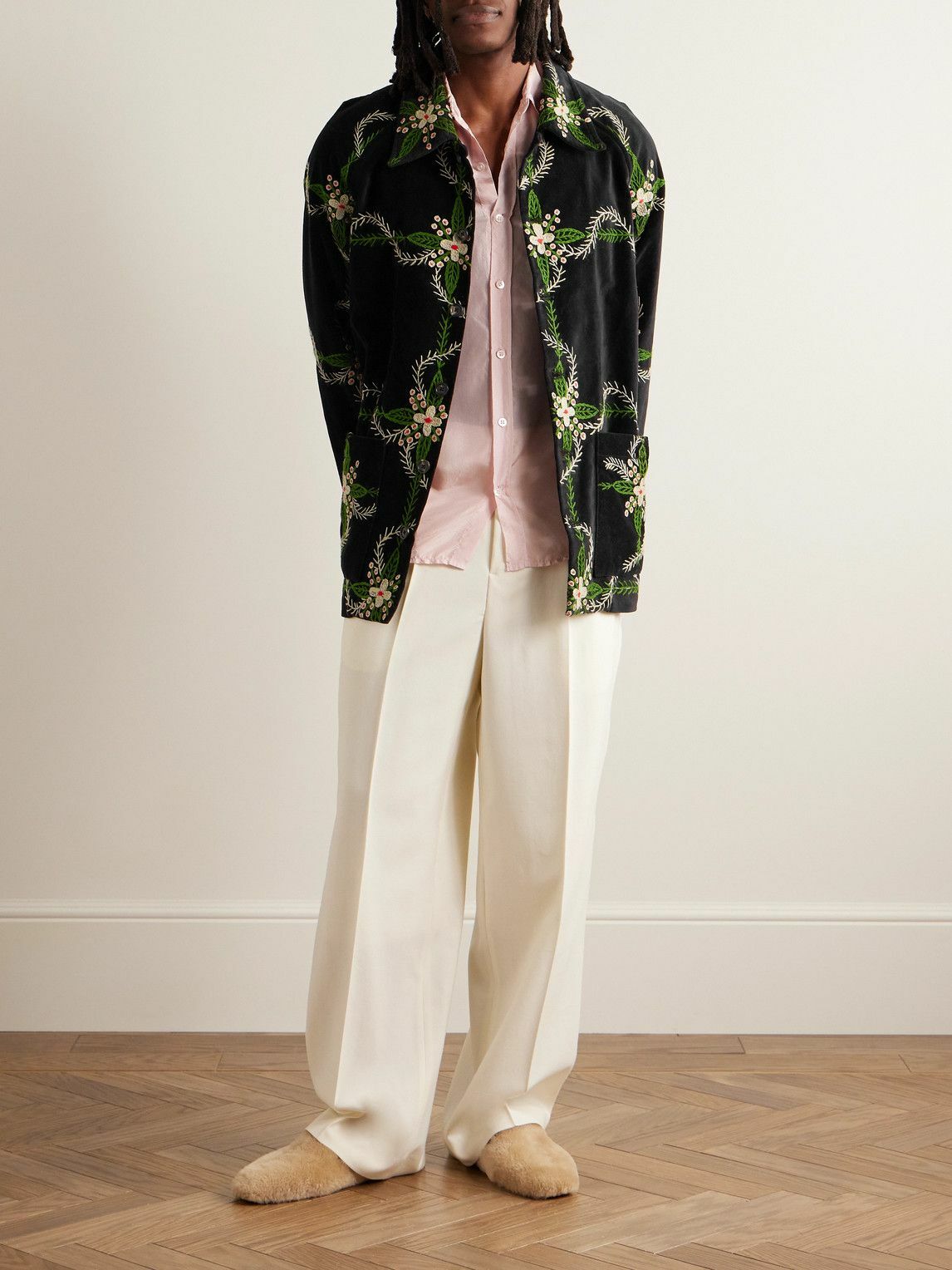 BODE - Rosemallow Embroidered Cotton-Velvet Jacket - Black Bode