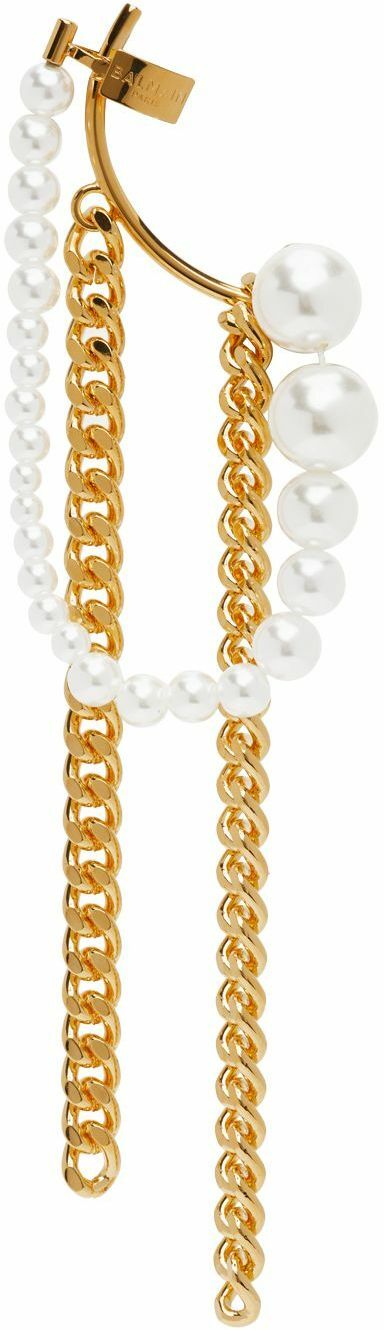 Balmain Gold & White Embellished Chain Earring Balmain