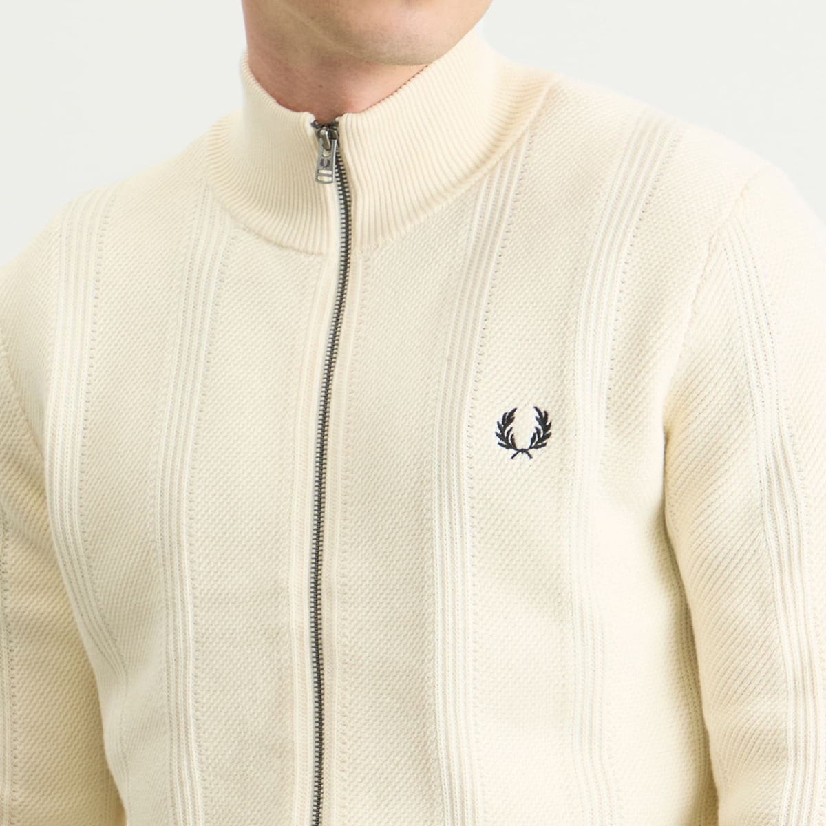 Fred Perry Men's Textured Zip Through Cardigan in Ecru Fred Perry