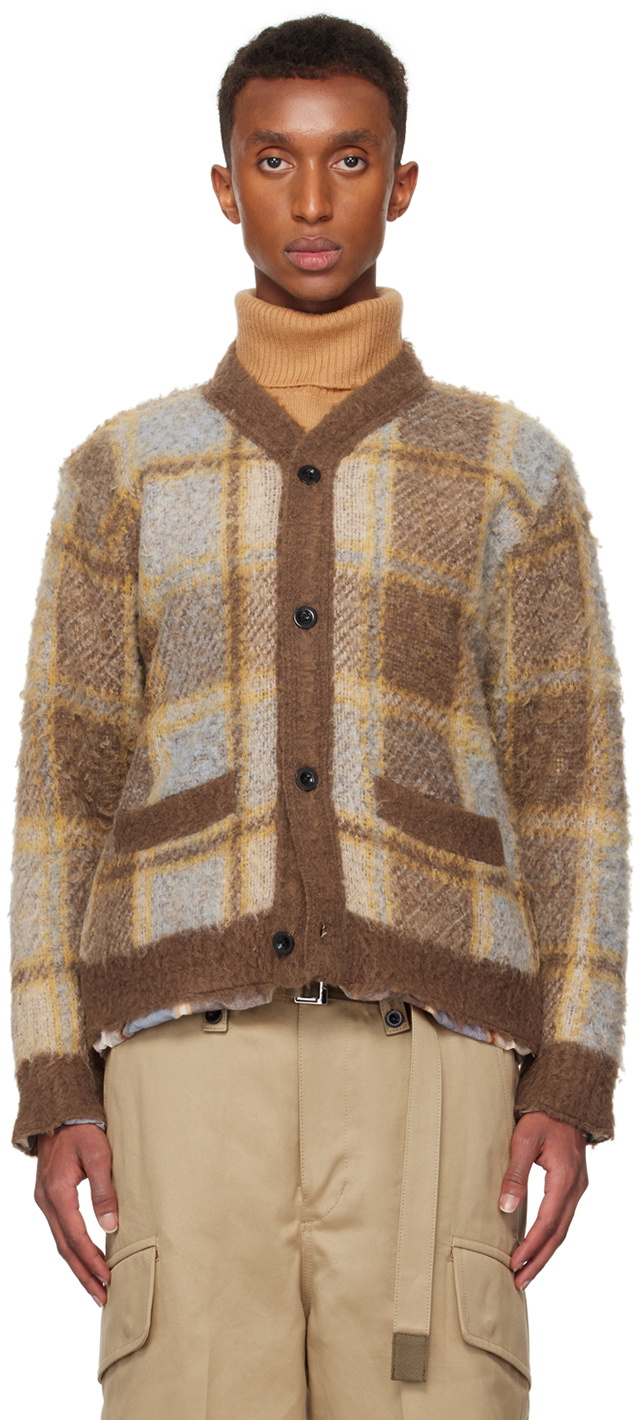 sacai Brown Plaid Knit Cardigan Sacai