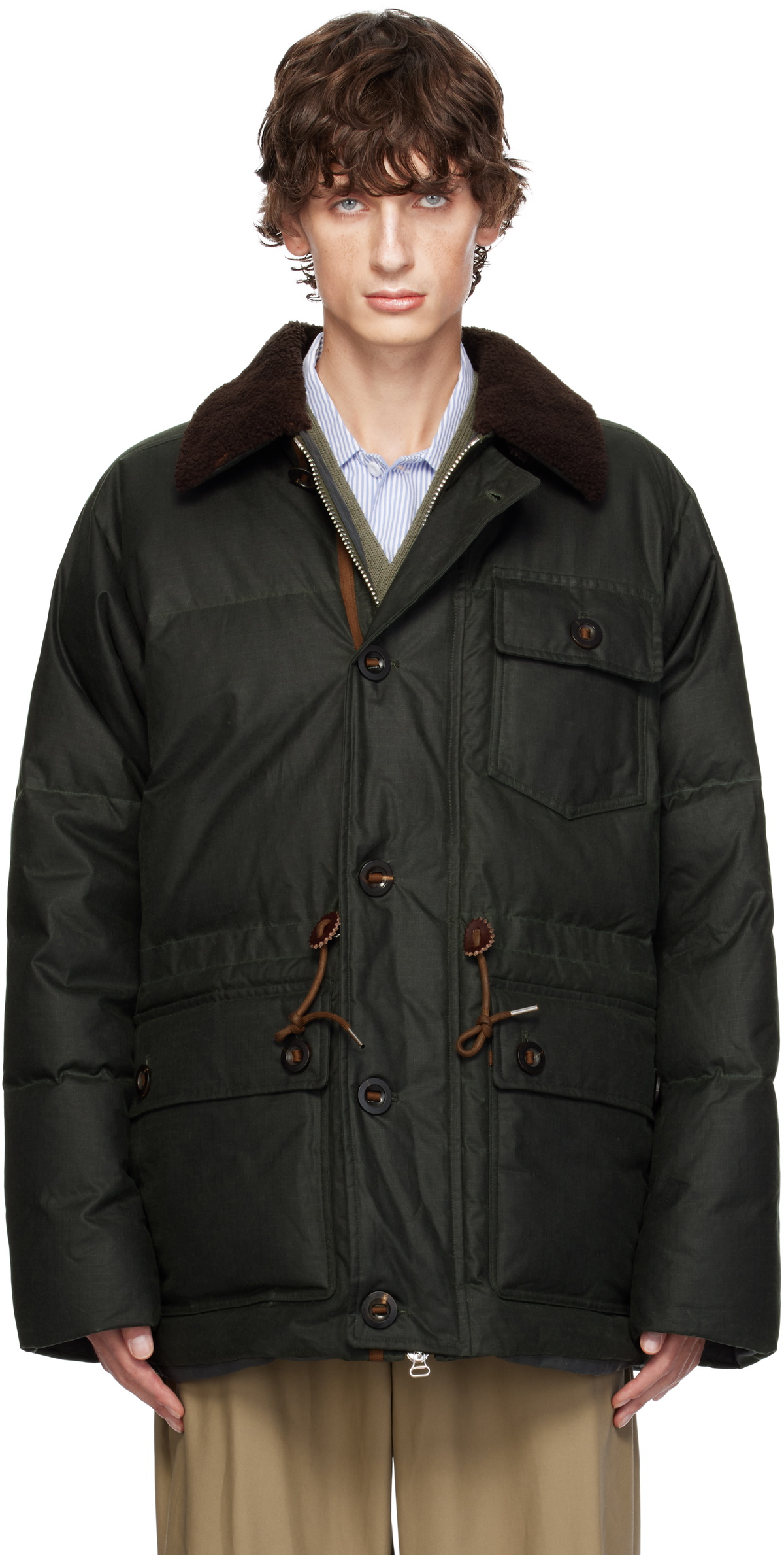 Drake's Khaki Waxed Cotton Expedition Down Jacket Drake's