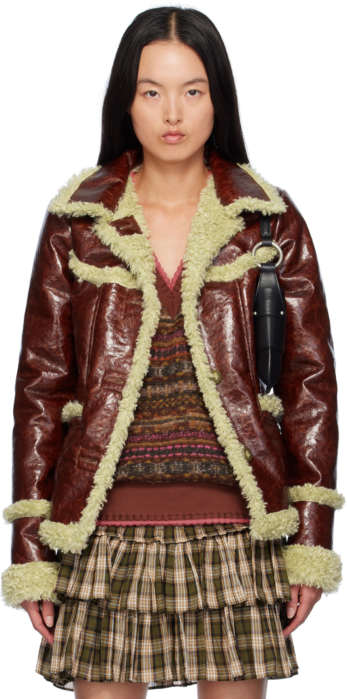Anna Sui Brown Curly Trim Faux-Leather Jacket Anna Sui