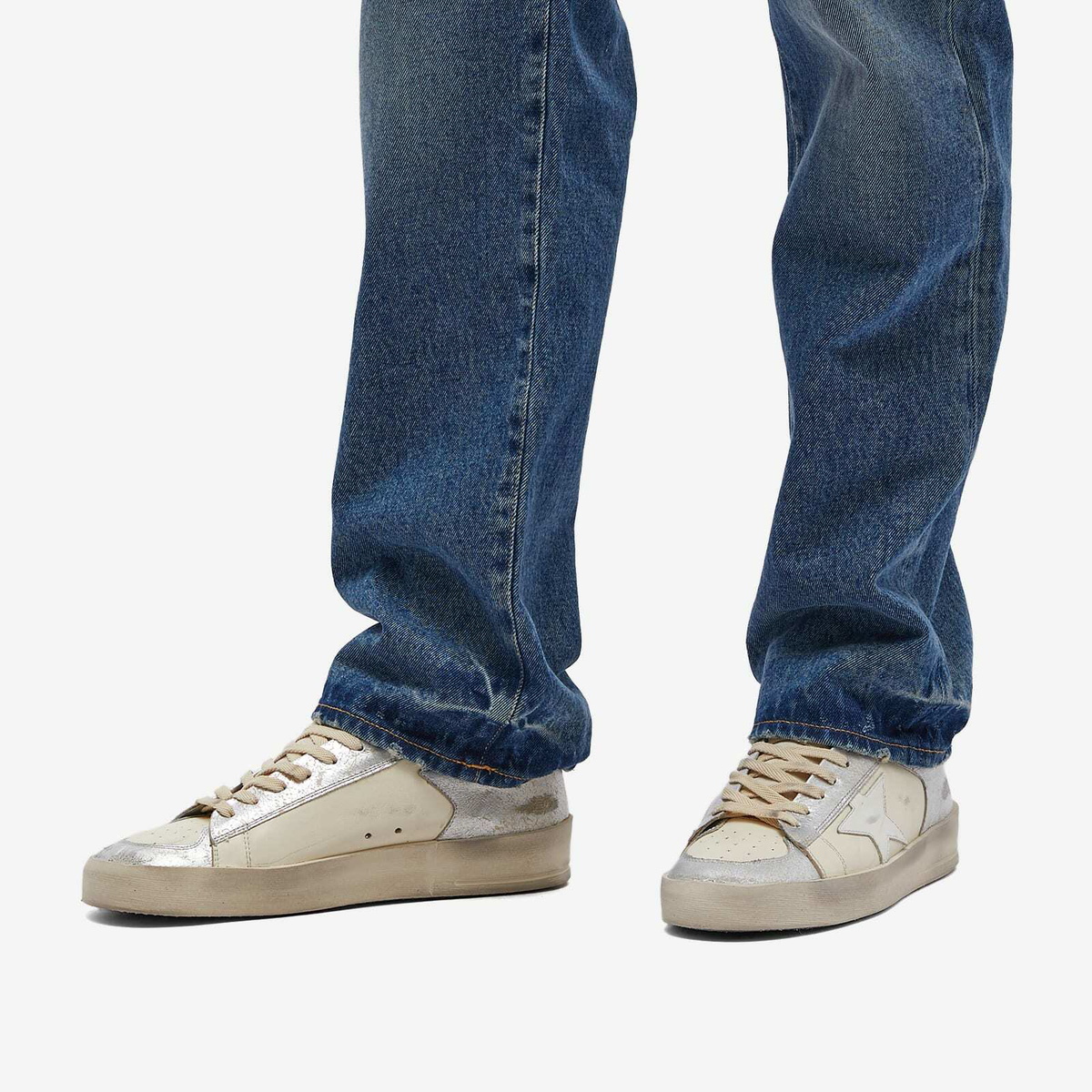 Golden Goose Men's Stardan Leather Sneakers in White/Silver/Beige ...