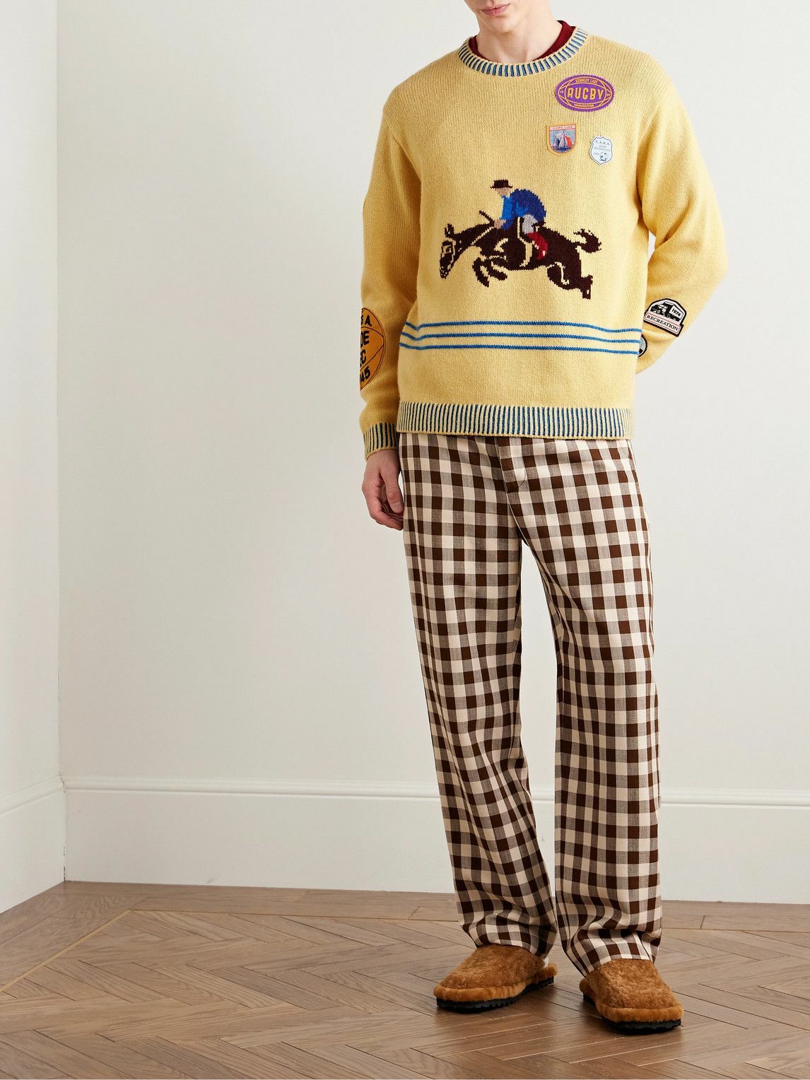 BODE - Jockey Appliquéd Intarsia Alpaca and Wool-Blend Sweater - Yellow Bode