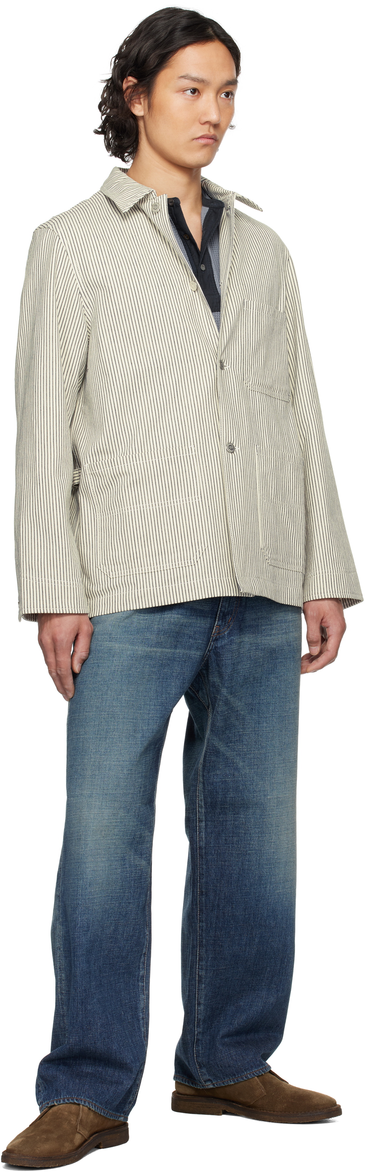 Drake's Off-White & Navy Stripe Cotton Stoker Jacket Drake's