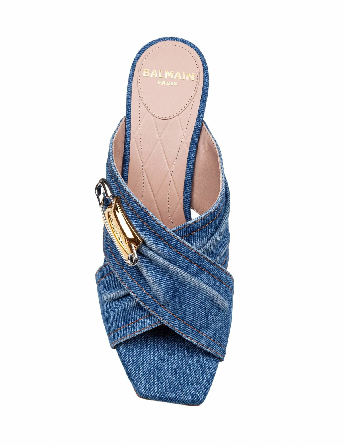 Balmain Safety Mule In Denim Fabric With Applied Pin Balmain