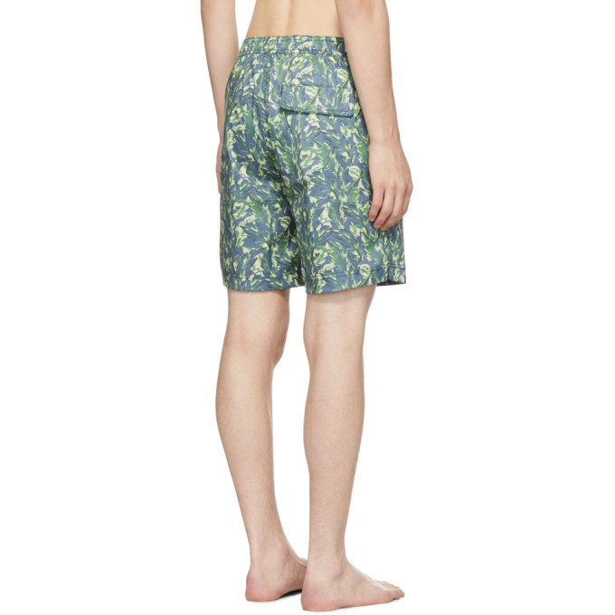 Onia Blue and Green Banana Leaf Calder Swim Shorts Onia