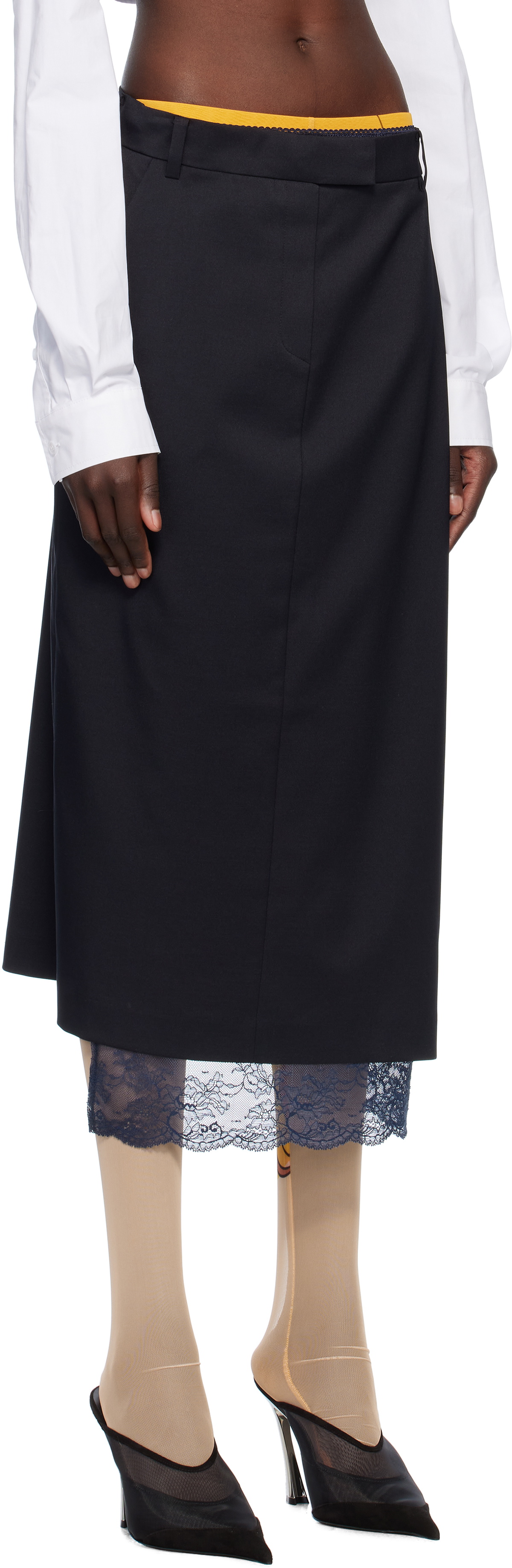 Pushbutton Navy Lace Trim Midi Skirt Pushbutton