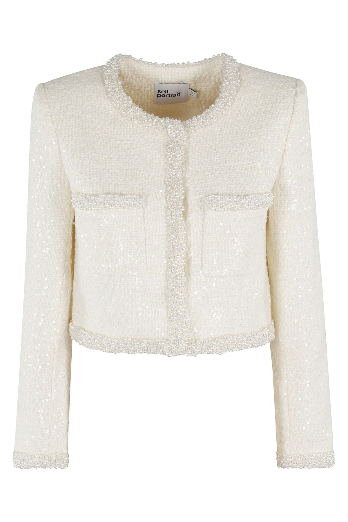 self-portrait Cream Boucle Pearl Trim Jacket Self-Portrait