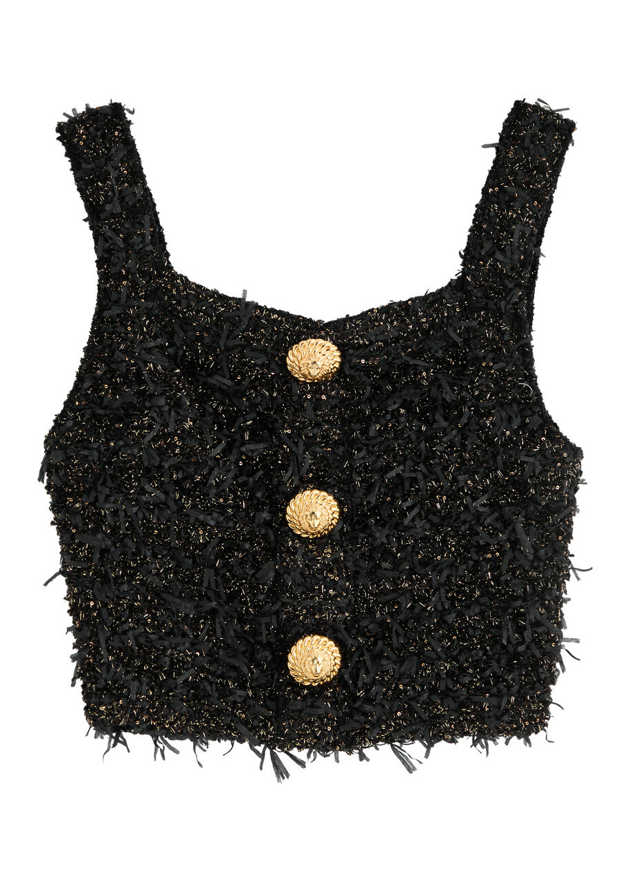 Balmain Frayed Cropped Bouclé Tweed top Black Balmain
