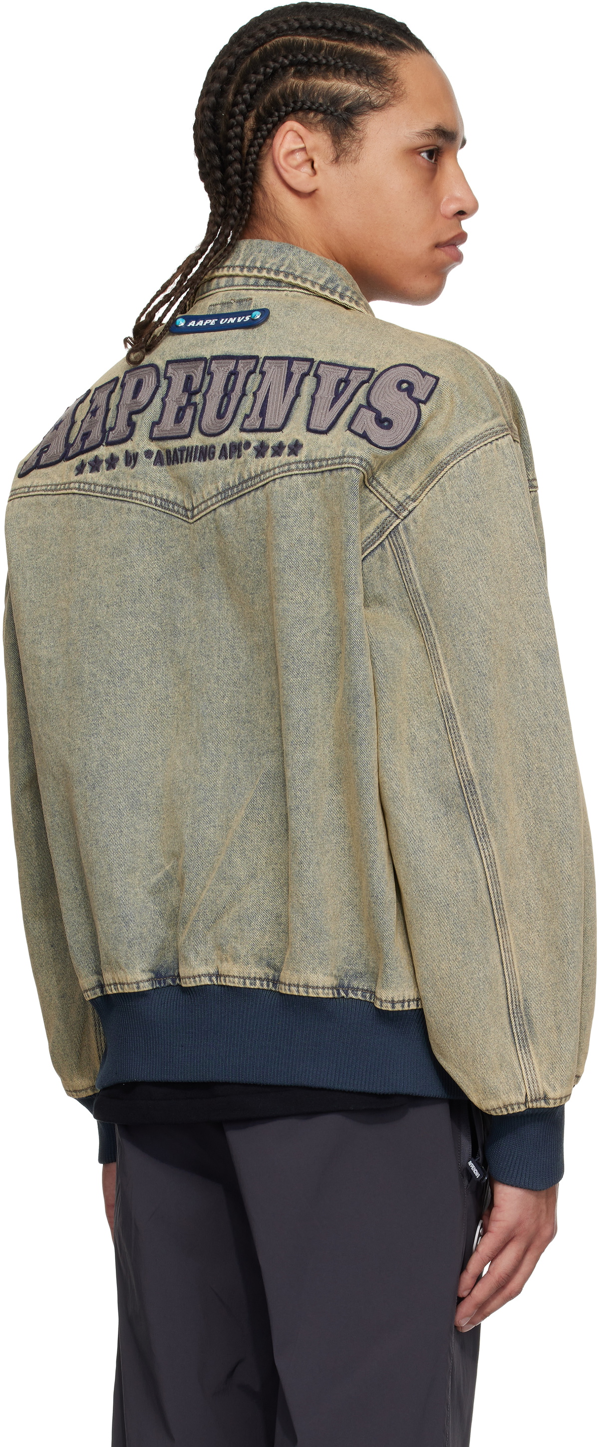 AAPE by A Bathing Ape Blue 'AAPE' Main Light Weight Denim Bomber Jacket ...