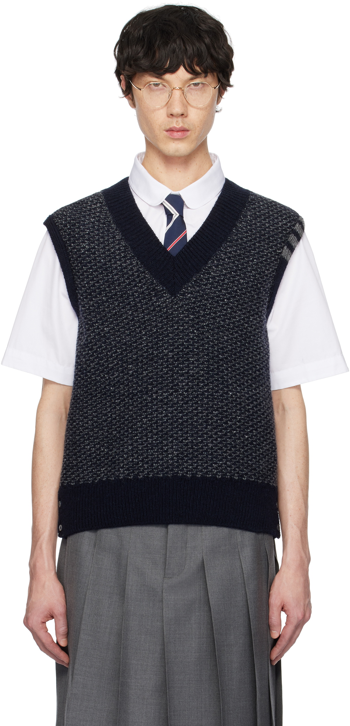 Thom Browne Navy Mohair Tweed 4-Bar V Neck Vest Thom Browne