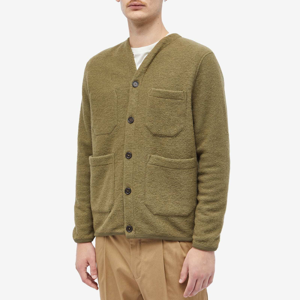Universal Works Men's Wool Fleece Cardigan in Lovat Universal Works