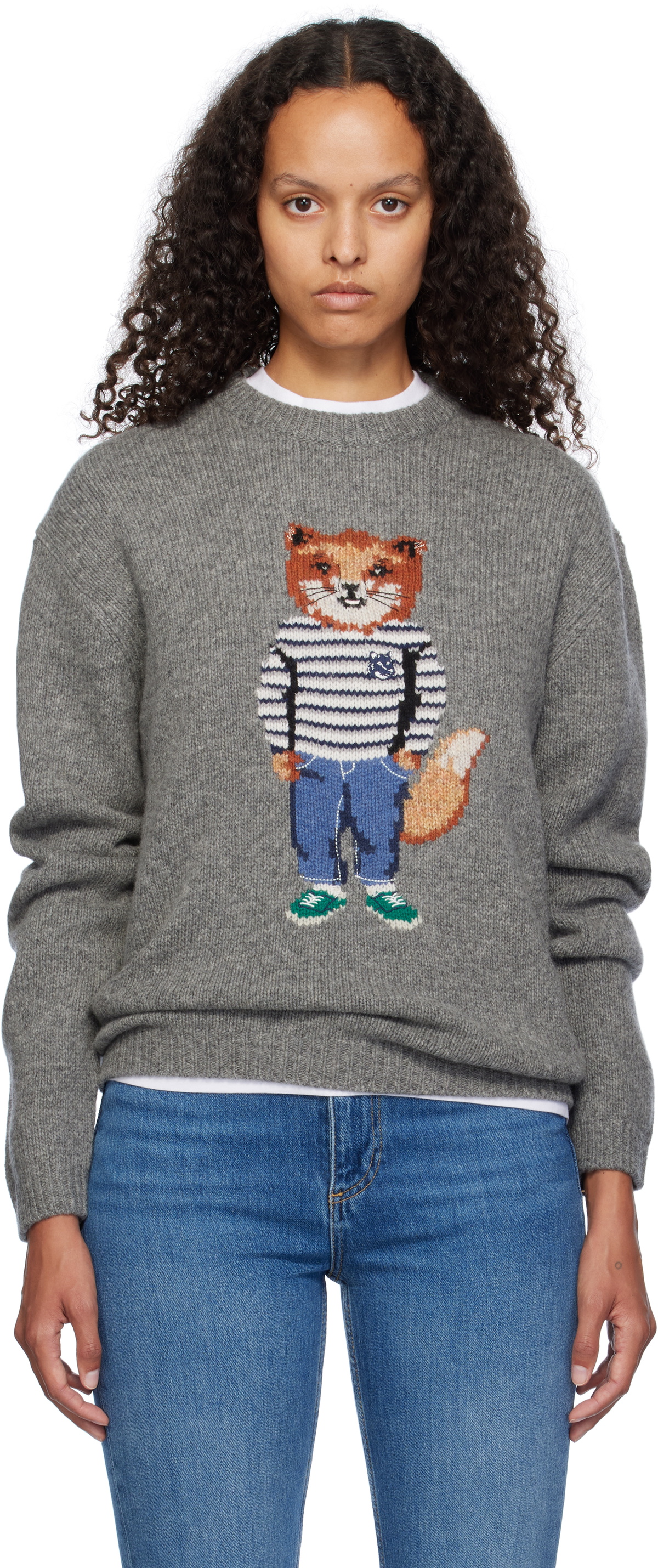 Maison Kitsuné Gray Dressed Fox Intarsia Sweater Maison Kitsune