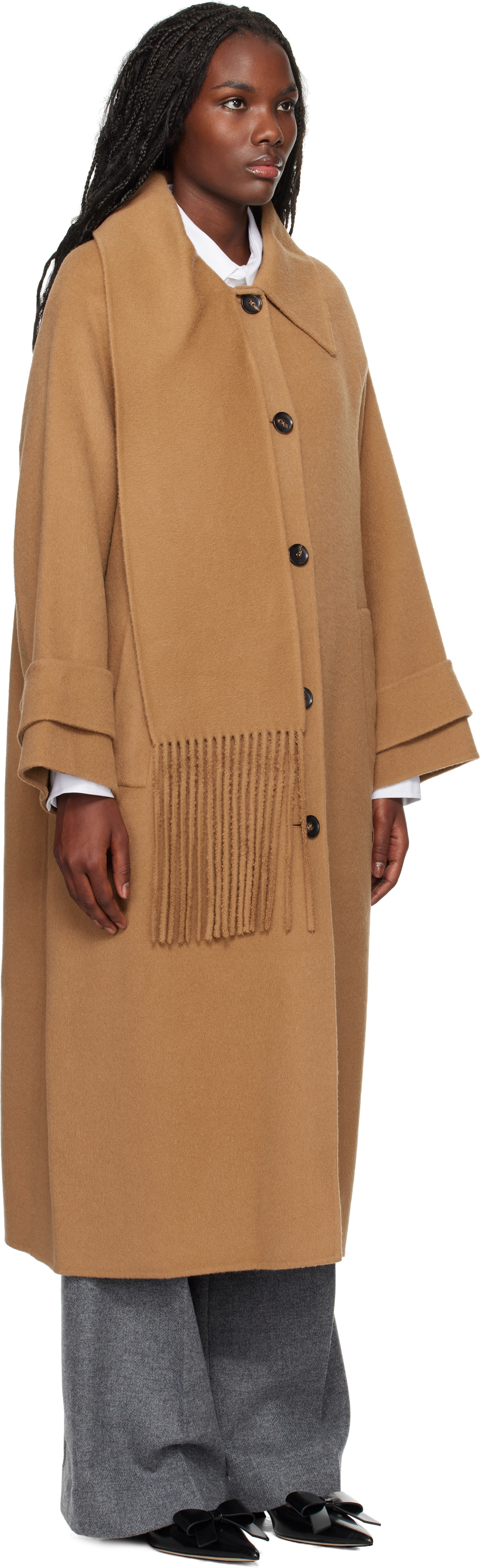 KIMHĒKIM Tan Alpaca Fringe Scarf Long Coat KIMHĒKIM