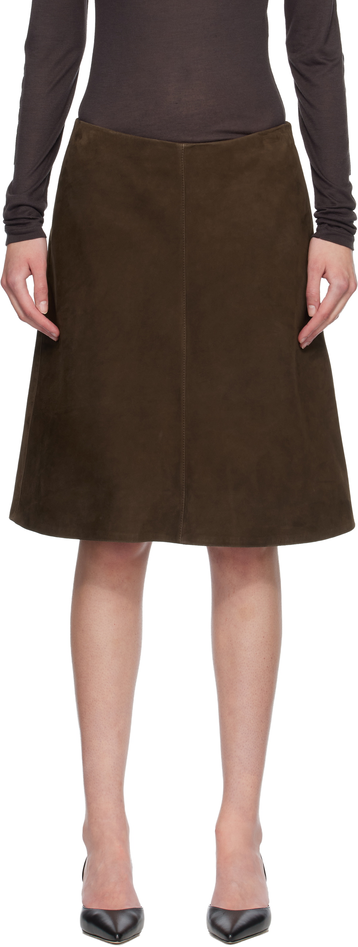TOTEME Brown A-Line Suede Midi Skirt Toteme