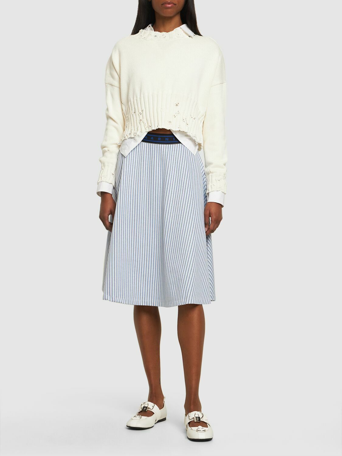 MARNI - Striped Cotton Blend Flared Midi Skirt Marni