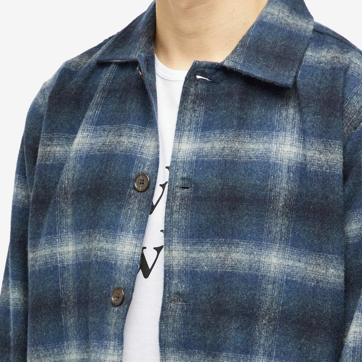 Universal Works Men's Wool Flannel Easy Overshirt in Navy Check ...