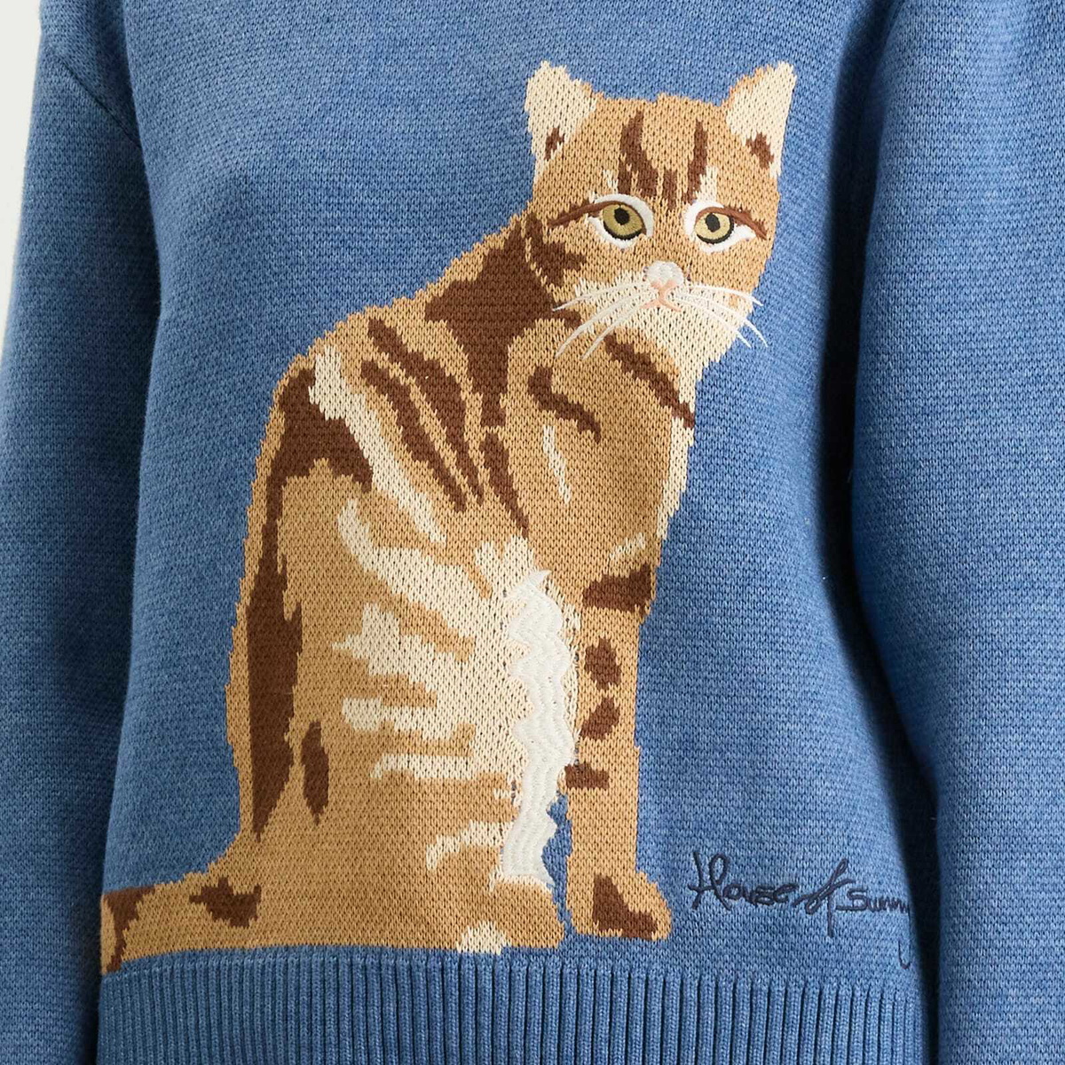 House Of Sunny Women's Ginger Cat Crew Jumper in Mid Blue House Of Sunny