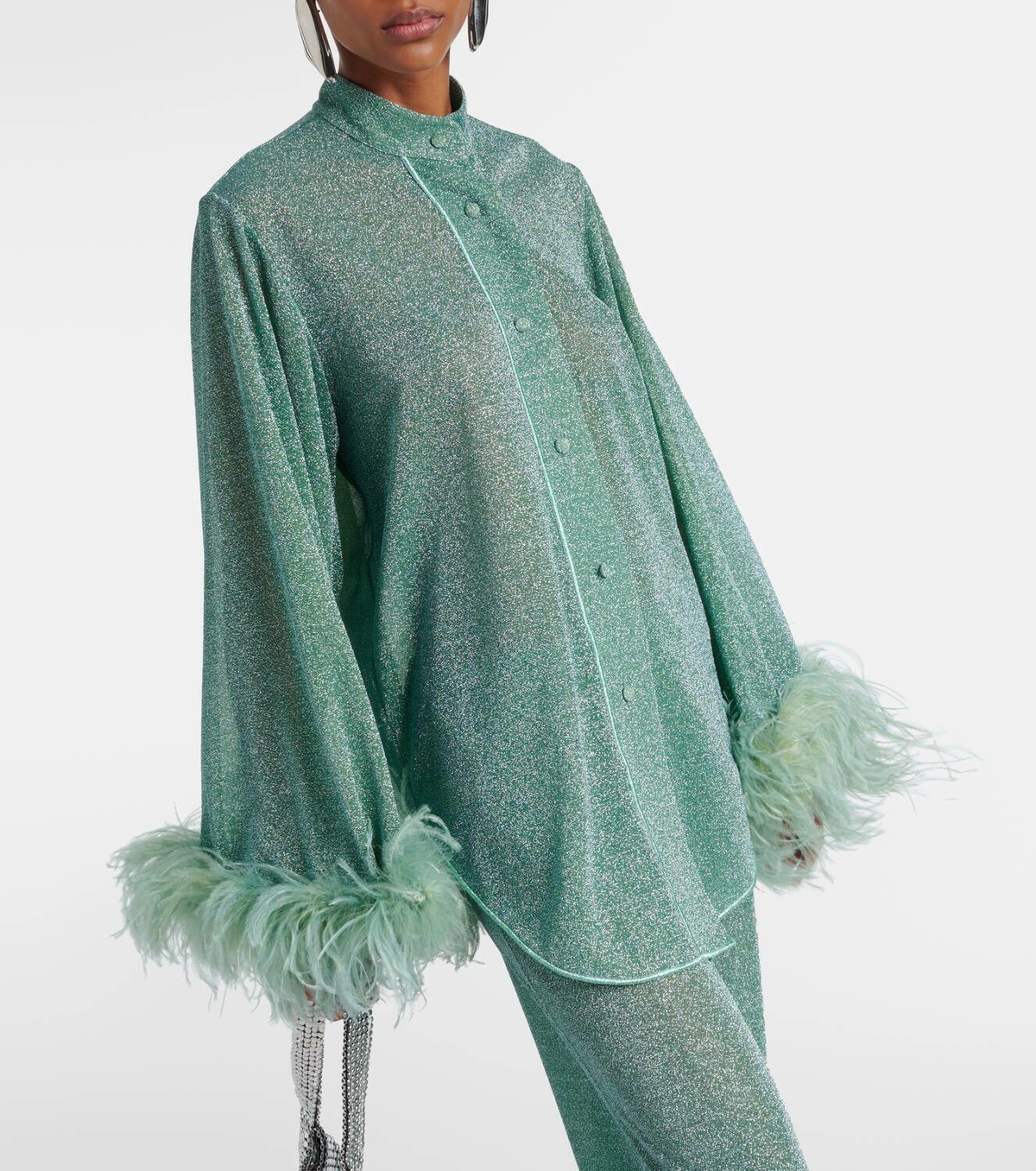 Oséree Lumière Plumage feather-trimmed lamé shirt Oseree