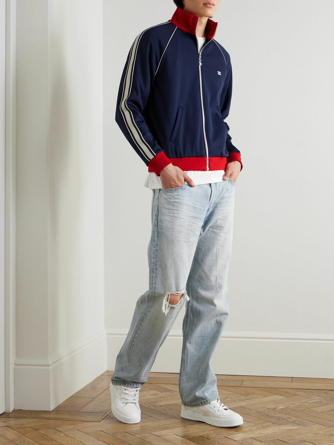 CELINE - Webbing-Trimmed Logo-Embroidered Jersey Track Jacket - Blue Celine