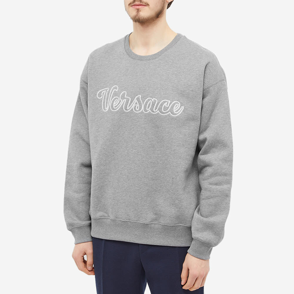 Versace Men's Embroidered Varsity Logo Crew Sweat in Grey/White Versace