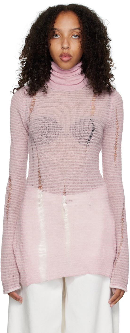 MM6 Maison Margiela Pink Distressed Turtleneck MM6 Maison Margiela