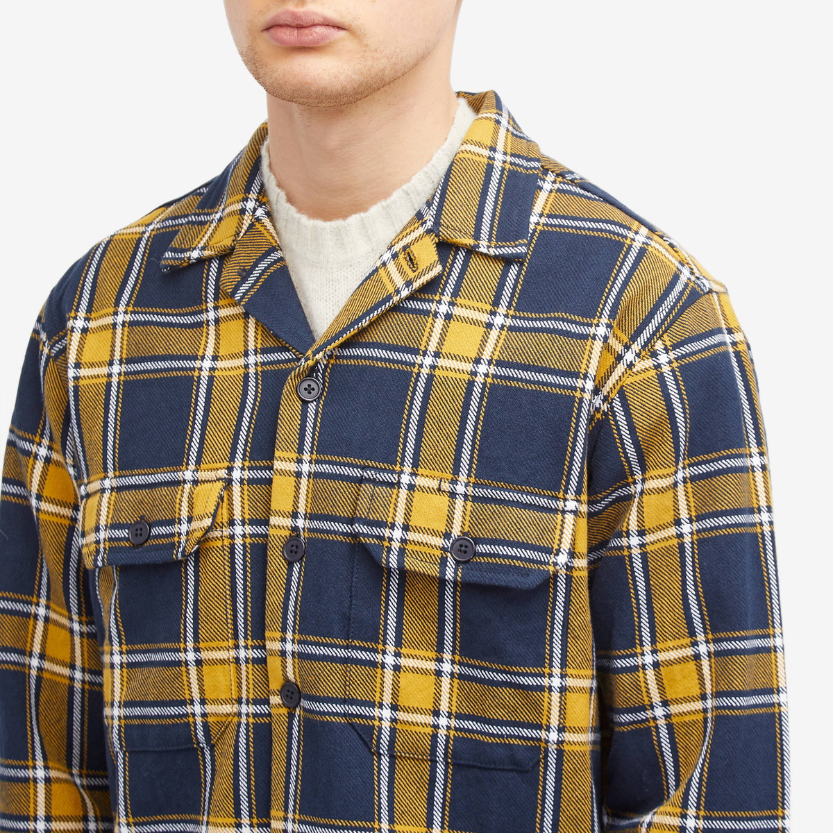 Universal Works Men's Twill Check Utility Overshirt in Yellow/Navy ...