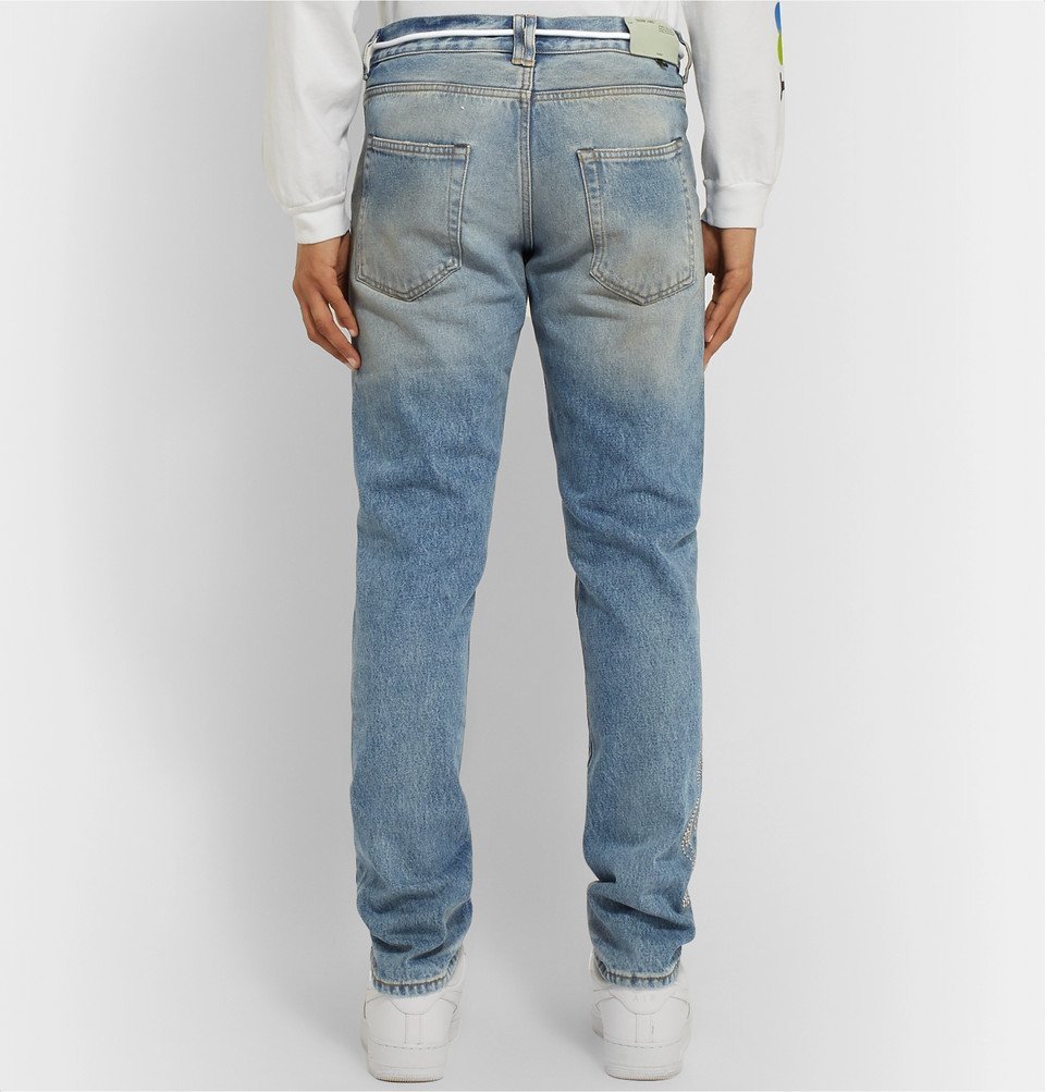 Off-White - Slim-Fit Embellished Distressed Denim Jeans - Blue Off-White