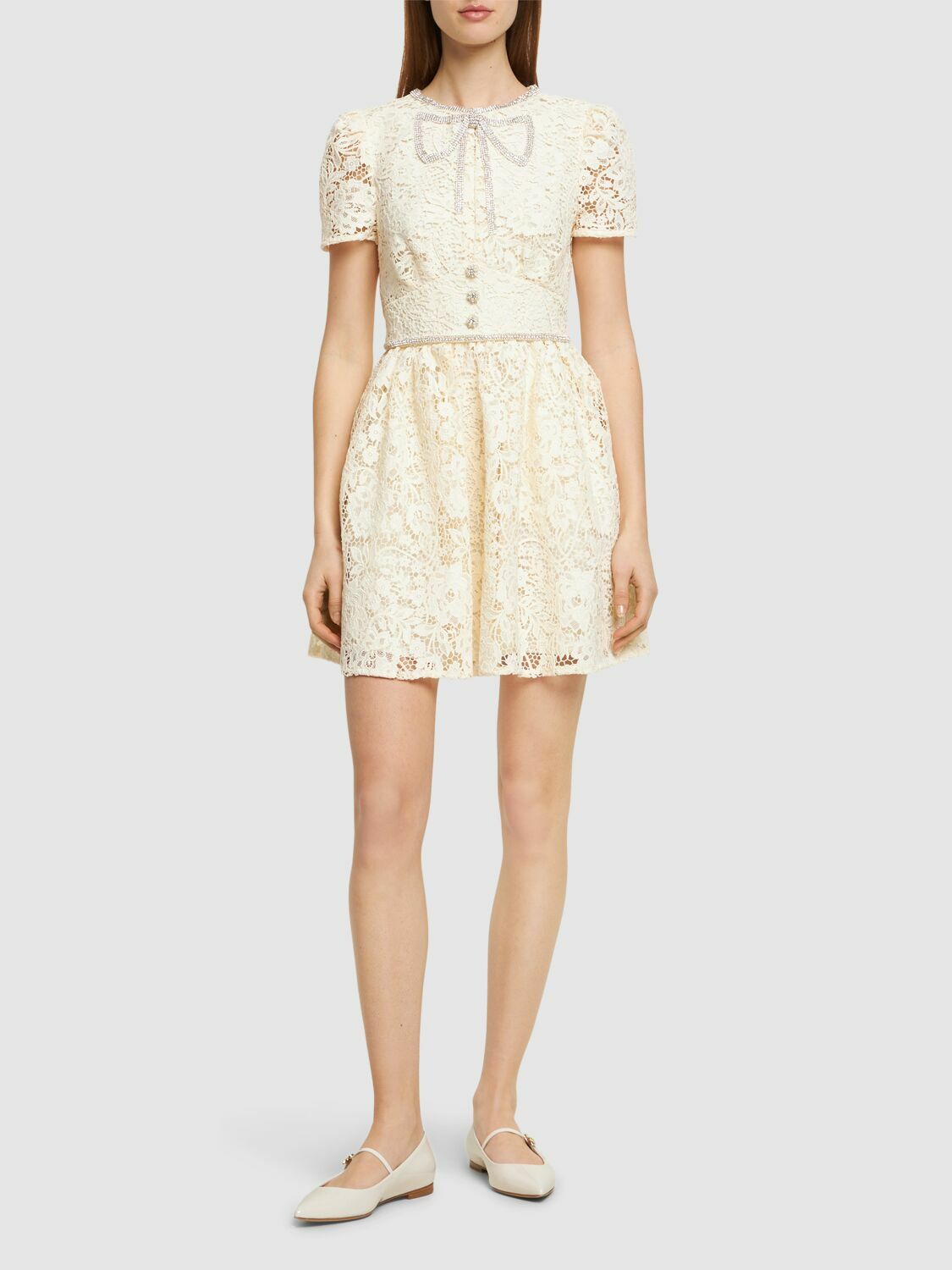 SELF-PORTRAIT - Embellished Lace Mini Dress W/bow Self-Portrait