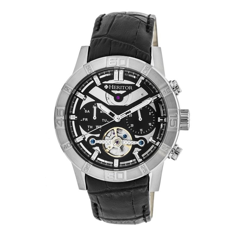 Heritor Hannibal Black Open Heart Dial Black Leather Mens Watch HR4102 ...