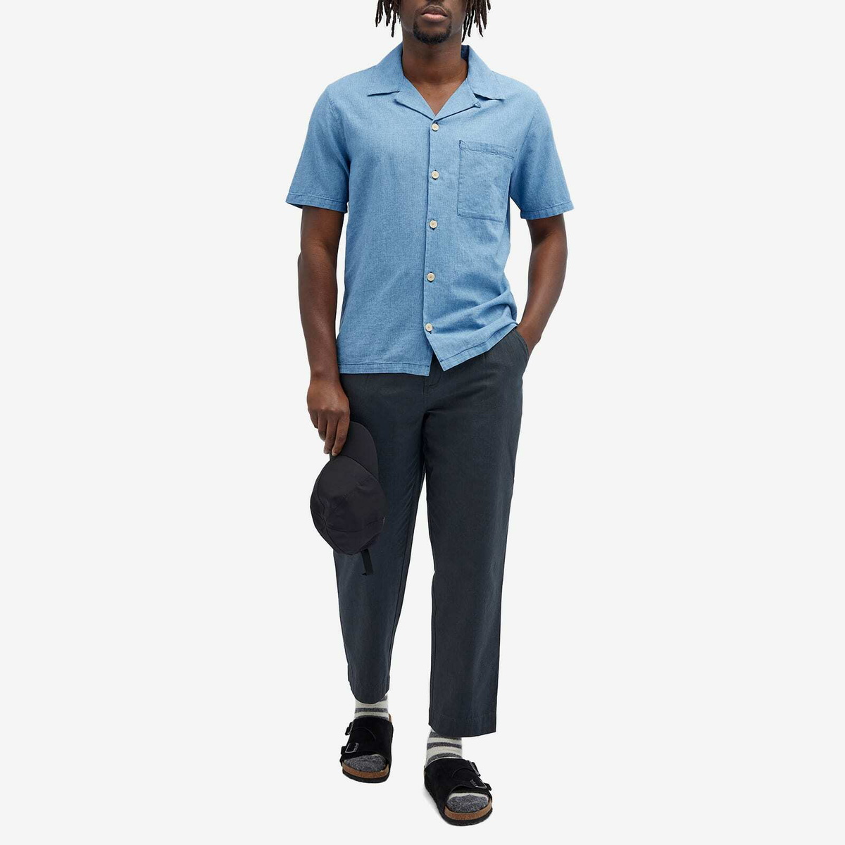 Folk Men's Short Sleeve Soft Collar Shirt in Light Indigo Folk