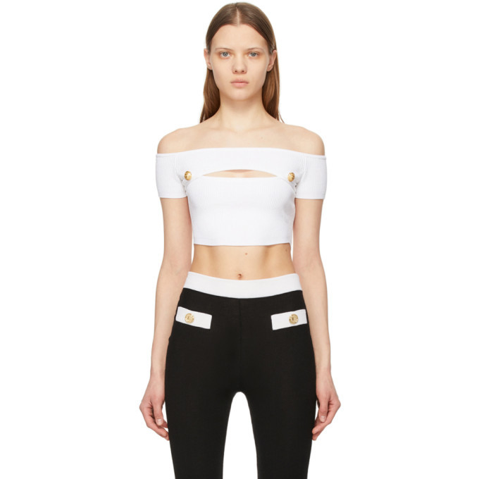 Balmain White Off-The-Shoulder Cropped Tank Top Balmain