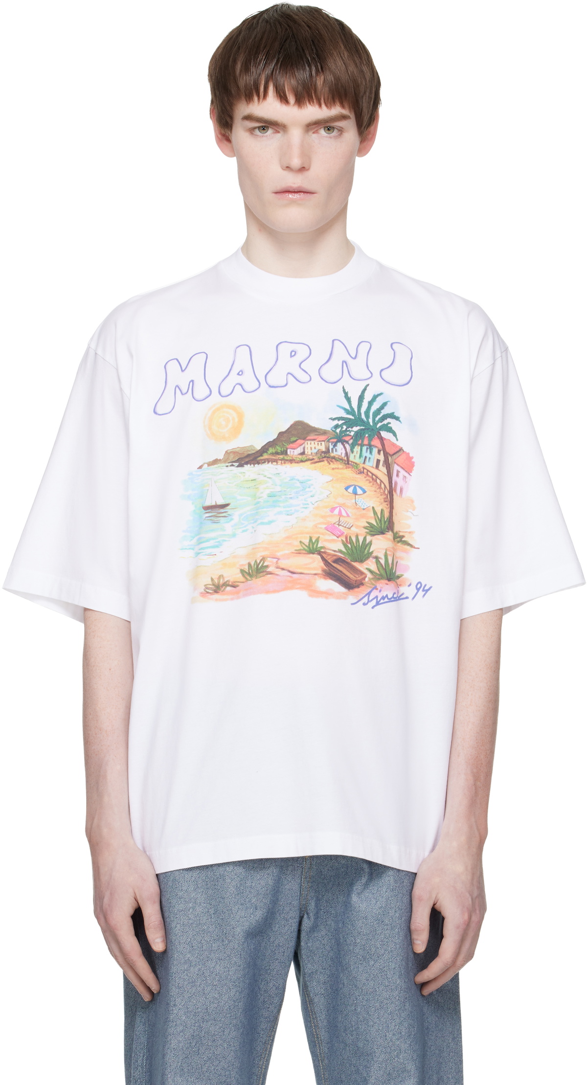 Marni White Cotton 'Marni Beach Postcard Print' T-shirt Marni