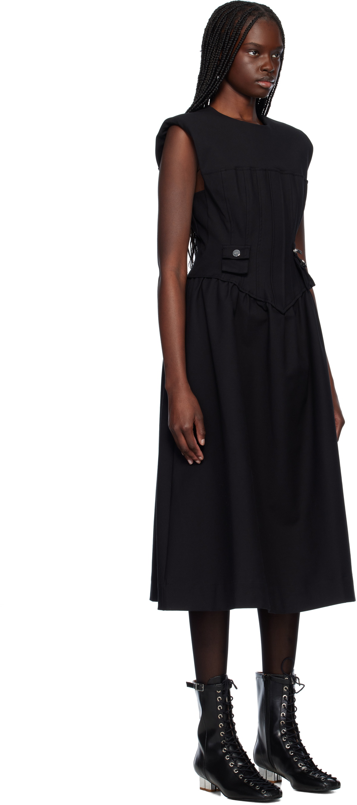 GANNI Black Heavy Cotton Corset Midi Dress GANNI