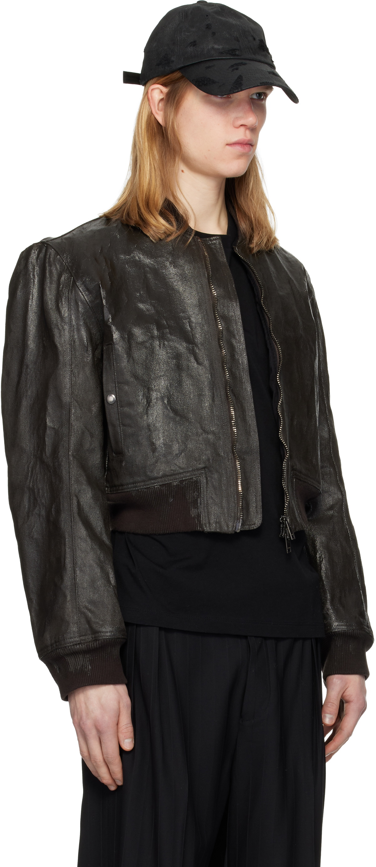 DET BLEV SENT Brown Locust Crack Waxed Denim Bomber Jacket