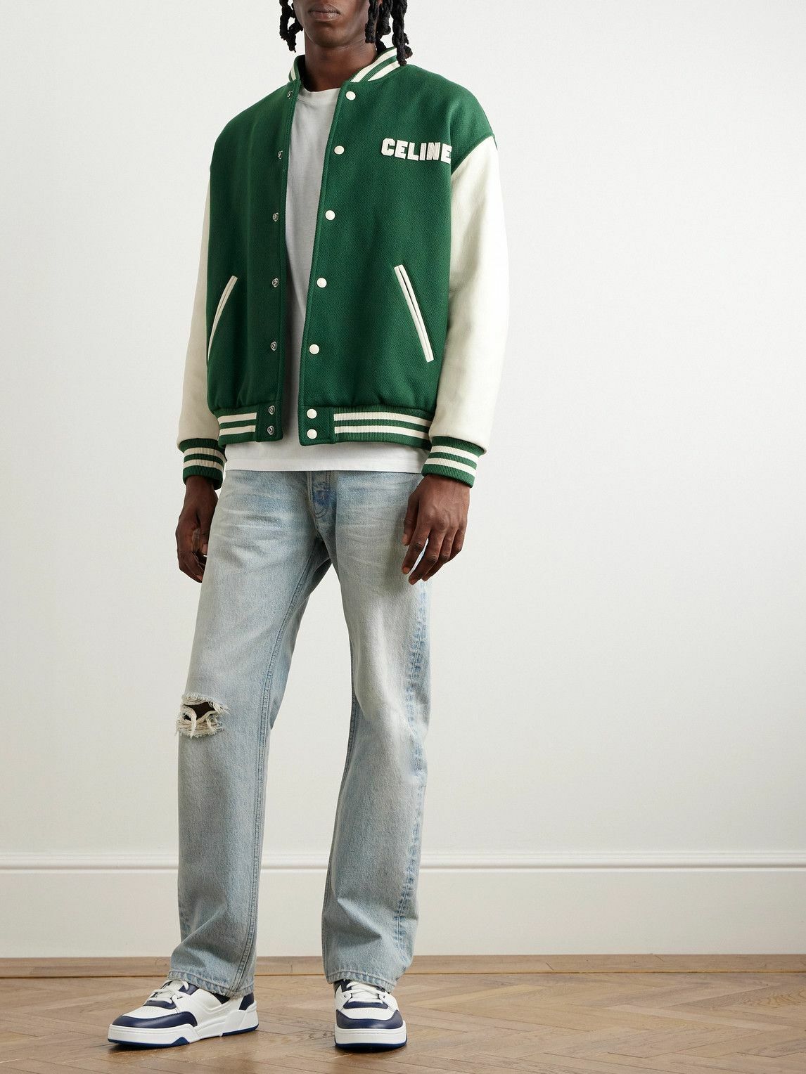 CELINE - Teddy Logo-Appliquéd Wool-Blend and Leather Varsity Jacket ...