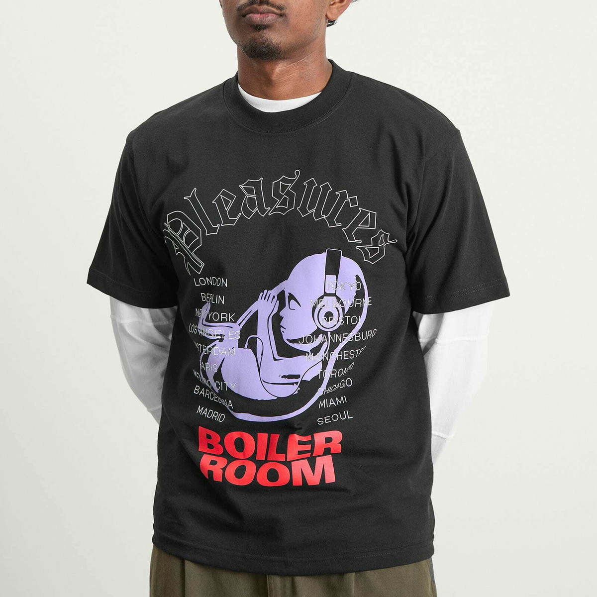 Pleasures Men's x Boiler Room Headphone T-Shirt in Black PLEASURES