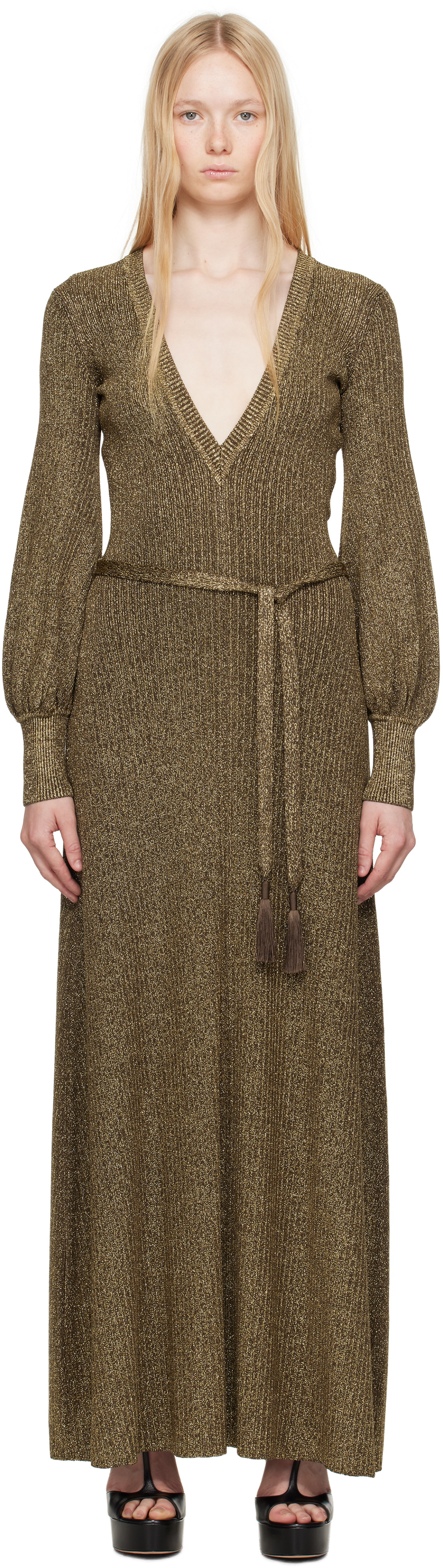 TOM FORD Gold & Brown Long V-Neck Open Back Maxi Dress TOM FORD