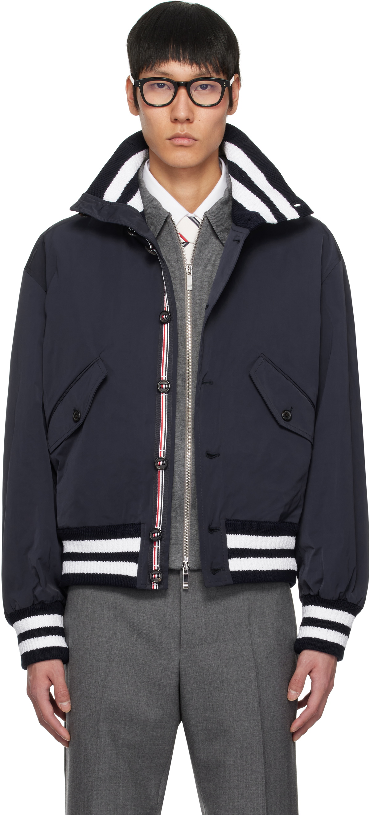 Thom Browne Navy Tech Flight Bomber Jacket Thom Browne