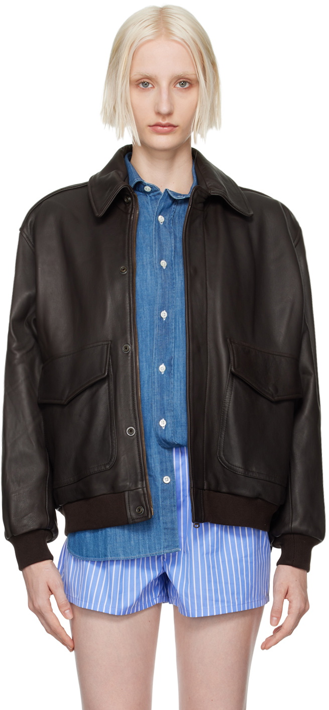 HommeGirls Brown Oversized Leather Bomber Jacket Hommegirls