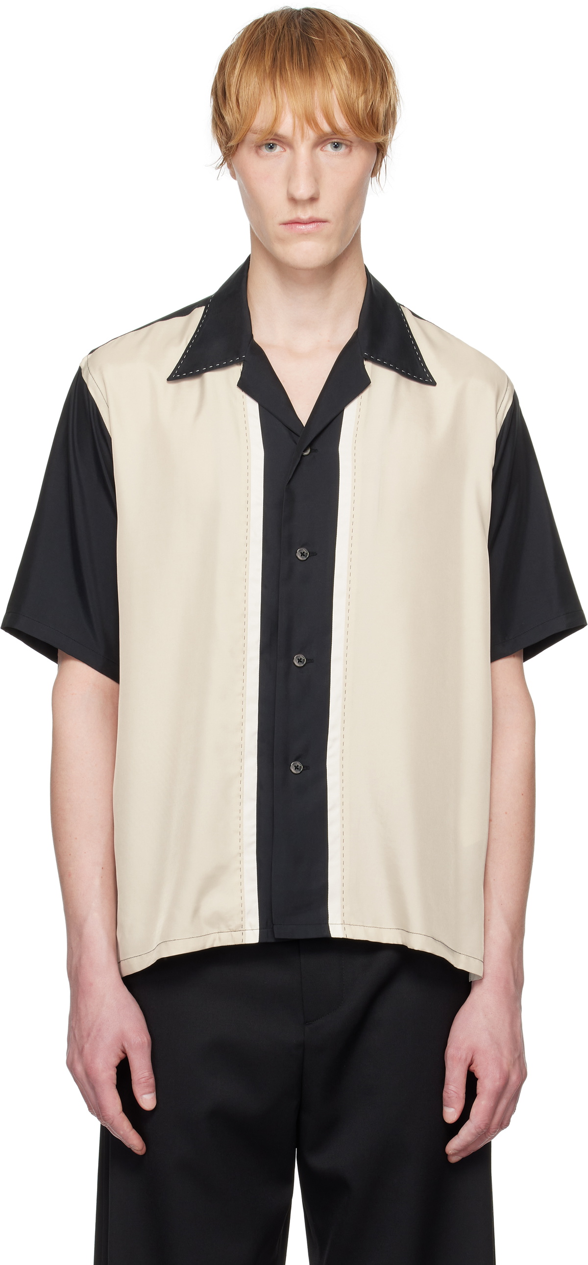 YOKE Black & Beige Colorblock Open Collar Shirt YOKE